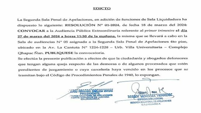 Convocatoria De La Segunda Sala Penal De Apelaciones De Cajamarca Sobre